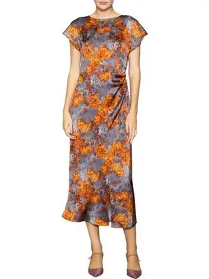 MELLODAY Floral Print Cap-sleeve Dress - Grey/rust Abstract
