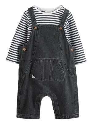 NEXT Stripe Long Sleeve T-shirt & Denim Overalls Set - Black