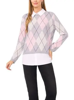 CECE DUPRAZ By Pointelle Chevron Stripe Crewneck Sweater - Light Heather Grey