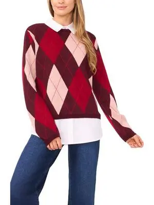 CECE DUPRAZ By Pointelle Chevron Stripe Crewneck Sweater - Rich Burgundy
