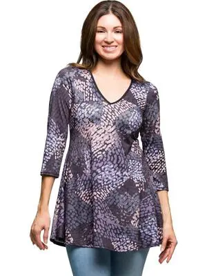 24SEVEN COMFORT APPAREL Abstract Print V-neck Tunic Top - Gray Multi