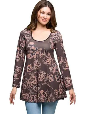 24SEVEN COMFORT APPAREL Long Sleeve Tunic Top - Brown Multi