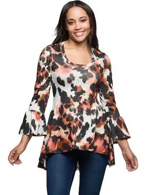 24SEVEN COMFORT APPAREL Animal Print Scoop Neck Tunic Top With Bell Sleeves - Brown Multi