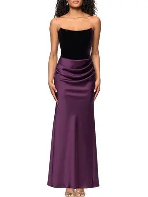 Betsy & Adam Strapless Velvet & Satin Gown - Plum