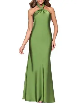 Betsy & Adam Satin Halter Maxi Dress - Moss