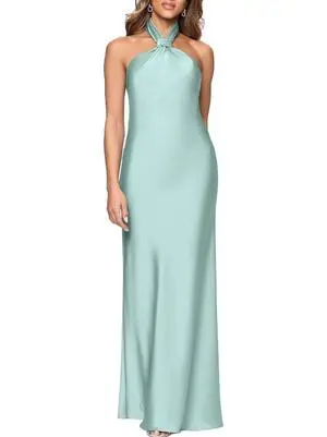 Betsy & Adam Satin Halter Maxi Dress - Sage