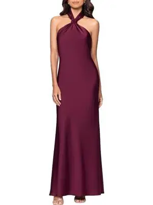 Betsy & Adam Satin Halter Maxi Dress - Wine