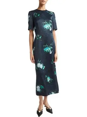 Erdem Abstract Rose Print Midi Dress - Abstract Rose Navy