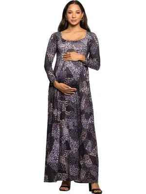 24SEVEN COMFORT APPAREL Printed Empire Waist Maxi Dress - Gray Multi