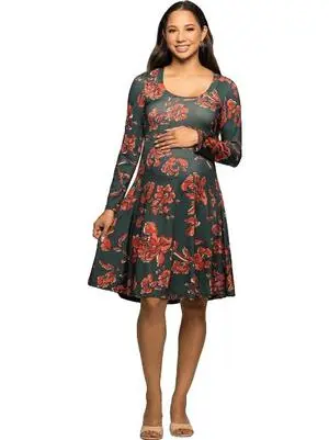 24SEVEN COMFORT APPAREL Floral Print Fit And Flare Maternity Dress - Green Multi
