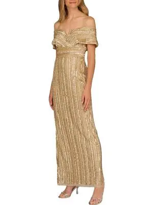 Aidan Mattox Embellished Off-the-shoulder Gown - Gold