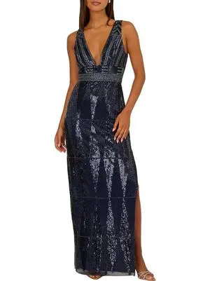 Aidan Mattox Plunge Neck Beaded Gown - Navy/gunmetal