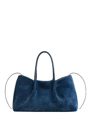BOTTEGA VENETA Pinacoteca Reversible Denim Print Suede & Genuine Shearling Tote