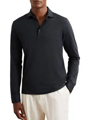 REISS Portofino Long Sleeve Supima® Cotton Polo - Navy