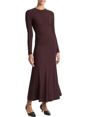 Vince Long Sleeve Ruched Jersey Dress - Dark Fig
