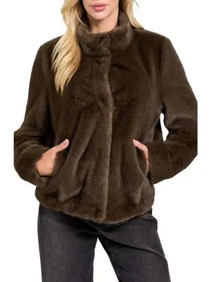 Guess Faux Fur Zip Up Jacket - Brown
