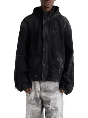 Balenciaga Hooded Distressed Denim Workwear Jacket - 1037 Black Fade Out
