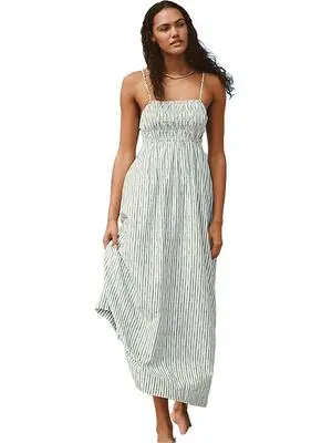 Seafolly Sleeveless Striped Shirred Maxi Dress - Sage