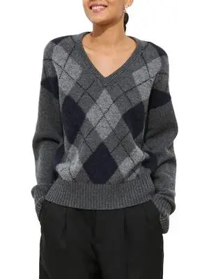 ALEX MILL Campbell Argyle Wool-Blend V-Neck Sweater Storm Grey Multi