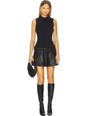 MILLY Leather Pleated Skirt Knit Dress - Black