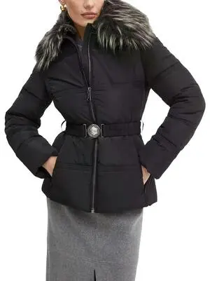 Guess Belted Jacket With Faux-fur Collar - Black