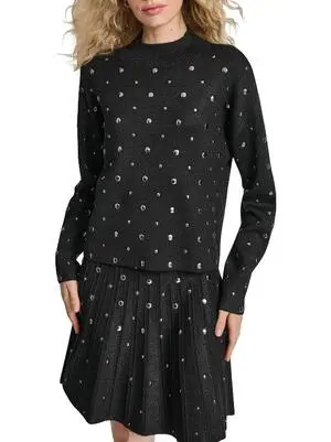 DKNY Studded Metallic Mock Neck Pullover