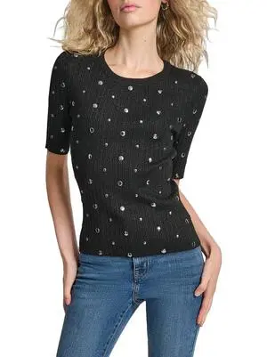 Dkny Studded Metallic Rib Short Sleeve Sweater - Black