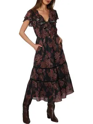 LOST + WANDER Whispers Of Bohemia Floral Print Midi Dress - Black Plum Floral