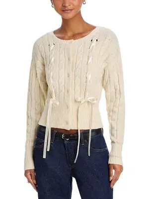Steve Madden Cable Knit Cardigan With Ribbon Ties - Cream