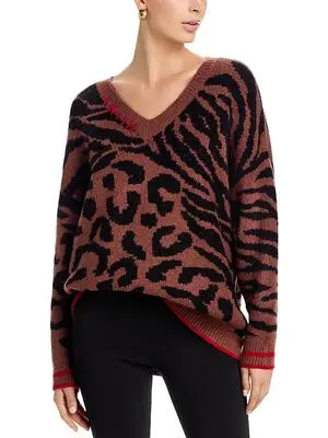 Vintage Havana V Neck Animal Print Jacquard Sweater - Wild Caram