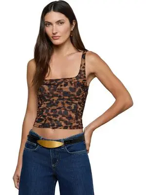 L'Agence Rasha Shirred Mesh Tank Top - Brown Multi Amur Leopard