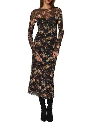 LOST + WANDER Floral Print Long Sleeve Midi Dress - Black Rust Floral