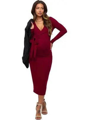 PINKBLUSH Ribbed Long Sleeve Maternity Wrap Dress - Burgundy