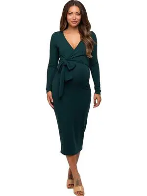 PINKBLUSH Ribbed Long Sleeve Maternity Wrap Dress - Forest Green