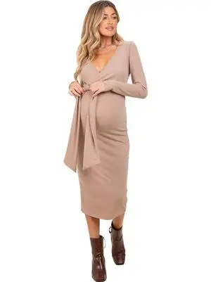 PINKBLUSH Ribbed Long Sleeve Maternity Wrap Dress - Taupe