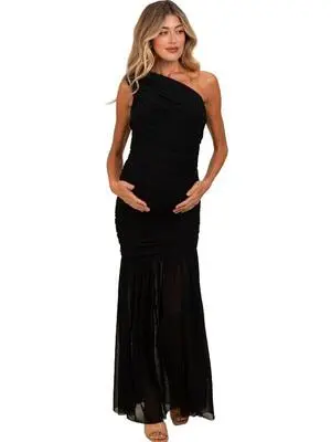 PINKBLUSH Ruched Mesh One Shoulder Maxi Dress - Black