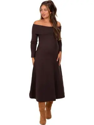 PINKBLUSH Off Shoulder Maternity Sweater Midi Dress - Brown