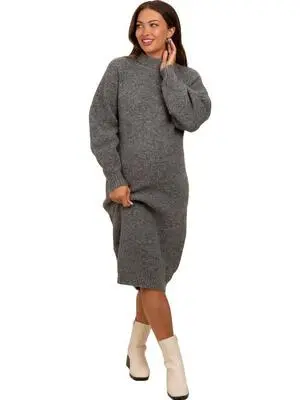 PINKBLUSH Mock Neck Bubble Sleeve Maternity Midi Sweater Dress - Charcoal Grey