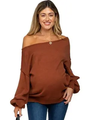 PINKBLUSH Boat Neck Bubble Sleeve Maternity Sweater - Camel