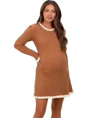 PINKBLUSH Ribbed Knit Ruffle Trim Mini Dress - Camel