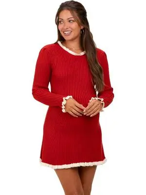 PINKBLUSH Ribbed Knit Ruffle Trim Mini Dress - Red