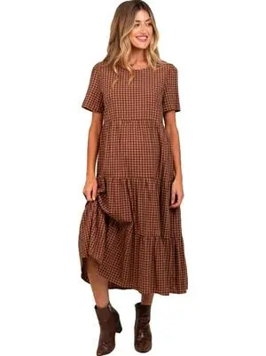PINKBLUSH Gingham Tiered Midi Dress - Mocha