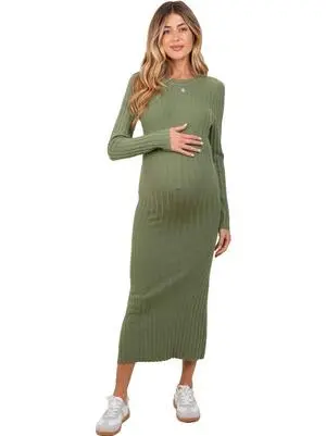 PINKBLUSH Fitted Midi Sweater Dress - Olive Green