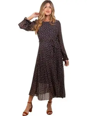 PINKBLUSH Floral Front Tie Pleated Midi Dress - Navy Blue
