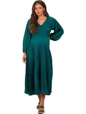 PINKBLUSH Satin Smocked Pleated Midi Dress - Forest Green