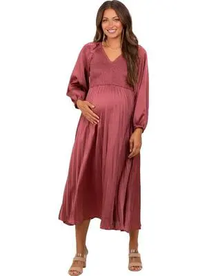 PINKBLUSH Satin Smocked Pleated Midi Dress - Mauve