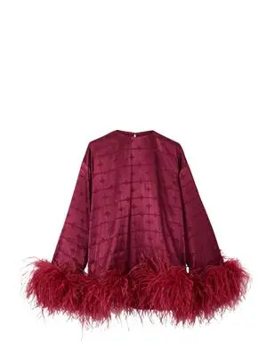 DIMA AYAD Geometric Feather-trimmed Devoré-satin Blouse - Burgundy