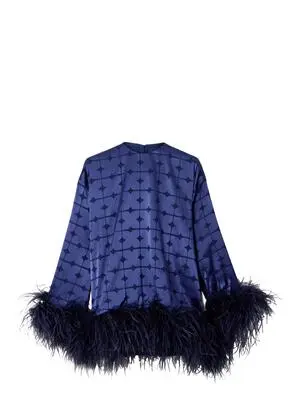 DIMA AYAD Geometric Feather-Trimmed Devoré-Satin Blouse Navy