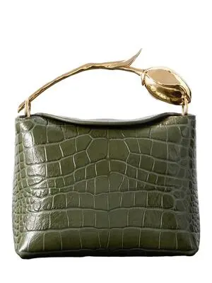 Erdem Bloom Mini Croc-Effect Leather Clutch Army Green