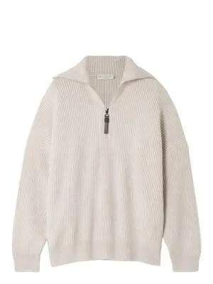 Brunello Cucinelli Bead-embellished Ribbed Cashmere Half-zip Sweater - Neutrals